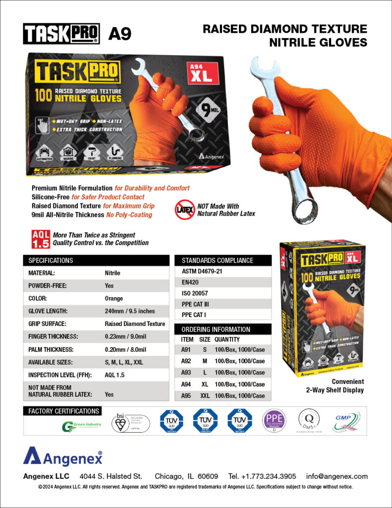 A9 Raised Diamond Texture Orange Nitrile Gloves – Angenex